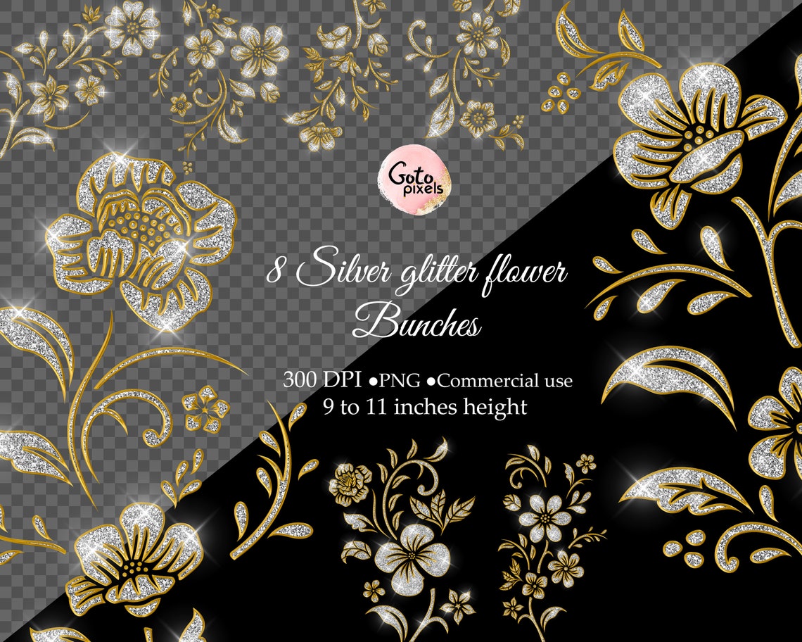 Gold Flowers Clipart Silver Floral Clip Art Gold Foil | Etsy