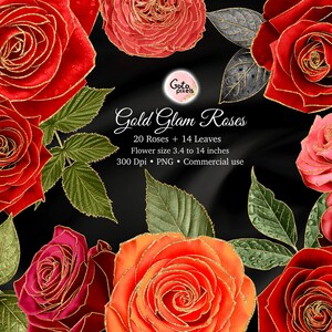 Red Rose Clip Art With Gold Glitter Rose, Digital Instant Download ...