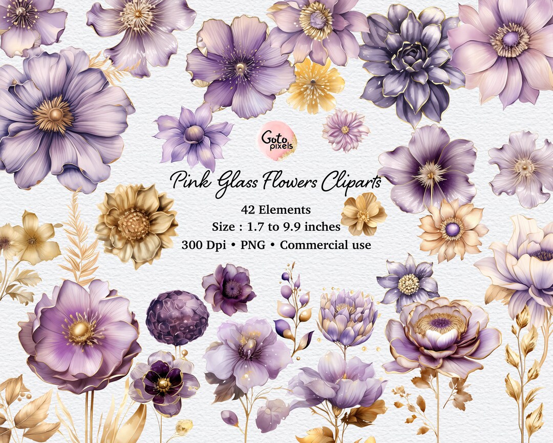 Purple Flower Clip Art, Digital Instant Download, Glass and Gold Flower ...