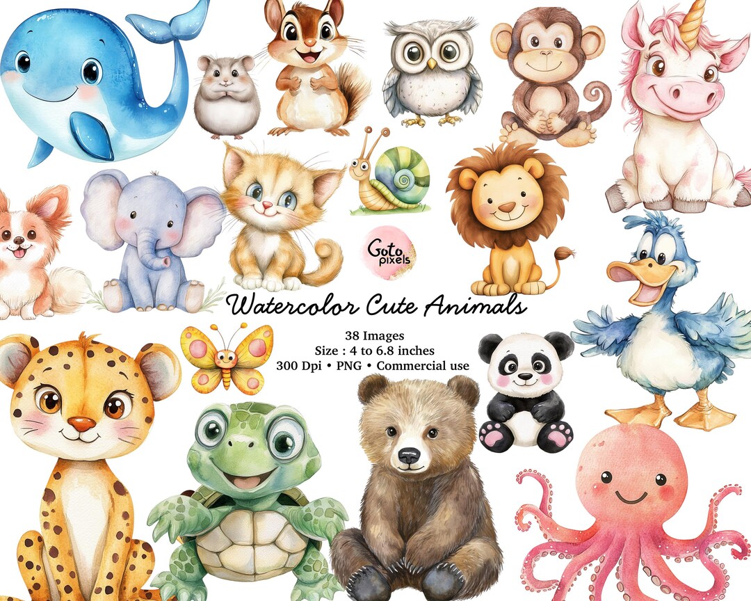 Watercolor Cute Animals Clipart, Watercolor Animals, Cute Animal Bundle ...