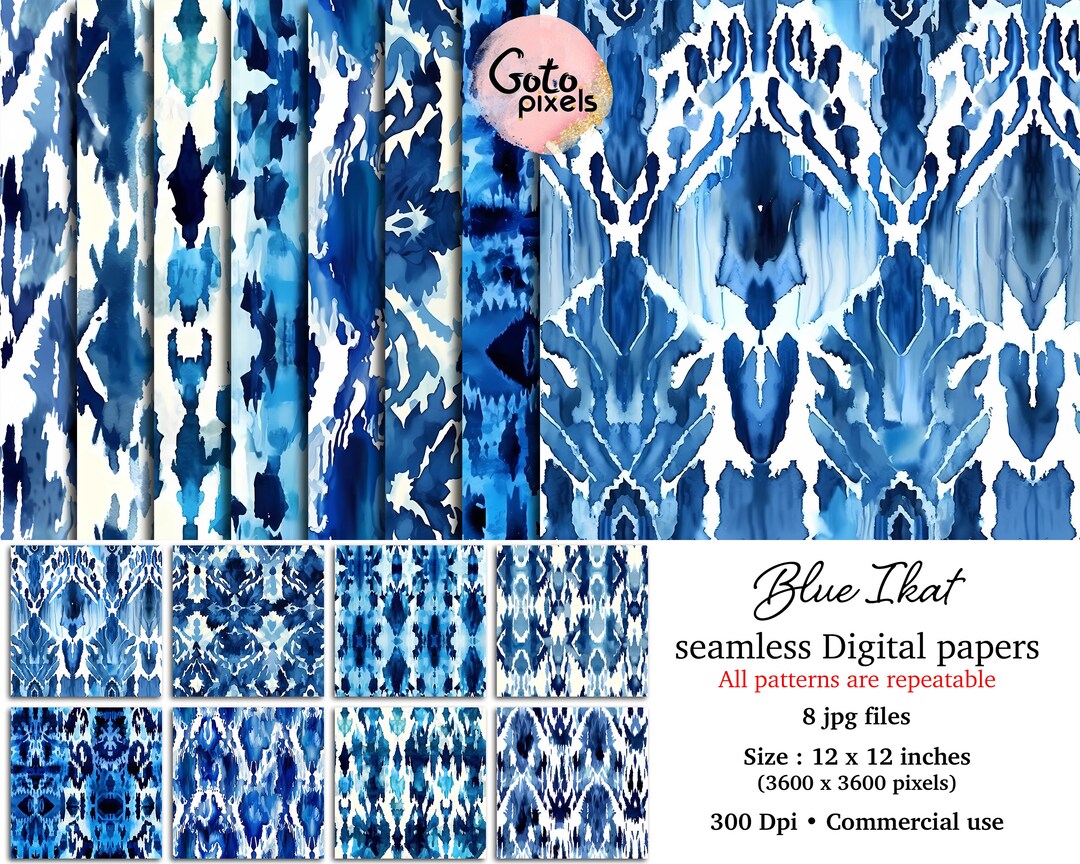 Blue Watercolor Ikat Pattern: Seamless Digital Paper (commercial Use ...