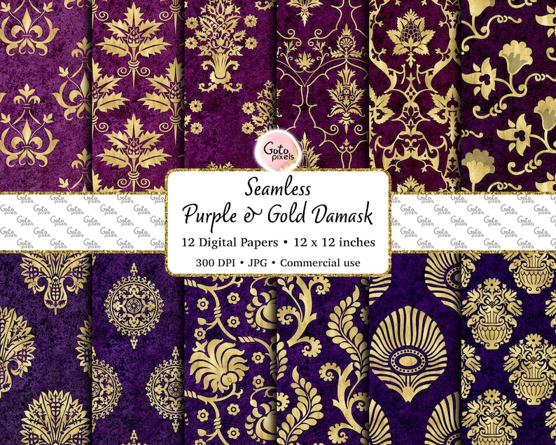 Purple and Gold Damask Digital Paper Seamless Damask Patterns - Etsy