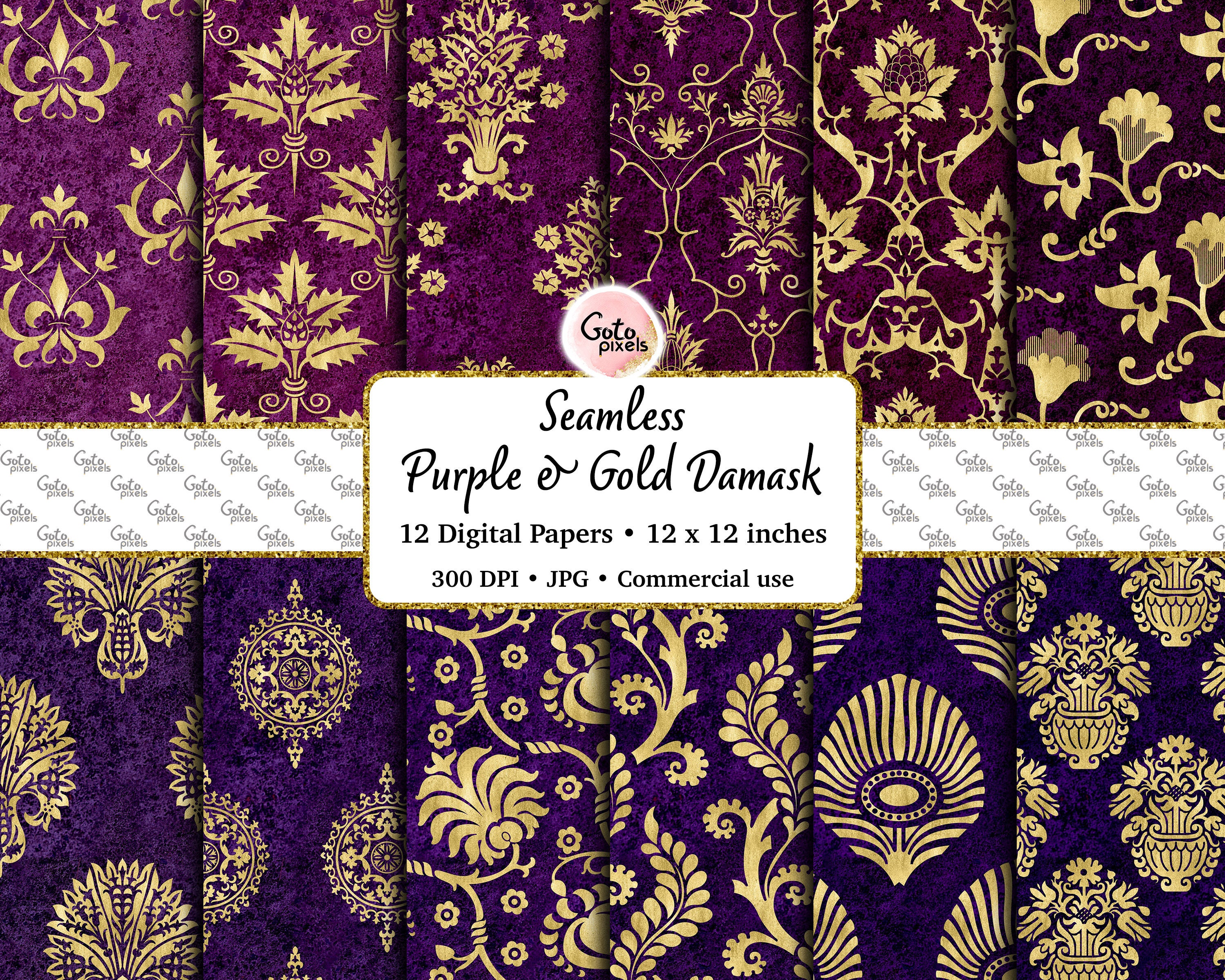 Purple and Gold Damask Digital Paper: Seamless Scrapbook Patterns ...