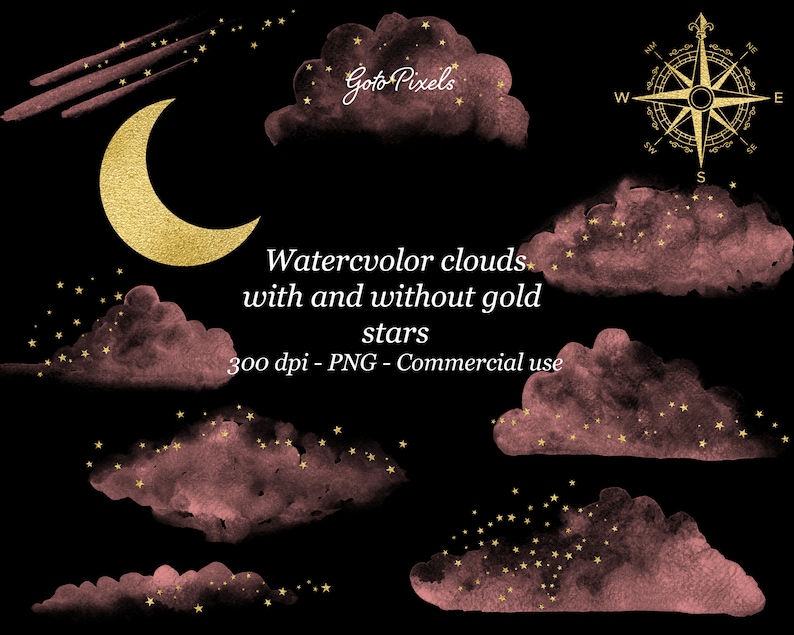 Pink Watercolor Clouds Clipart With Gold Stars Glitter Clouds | Etsy