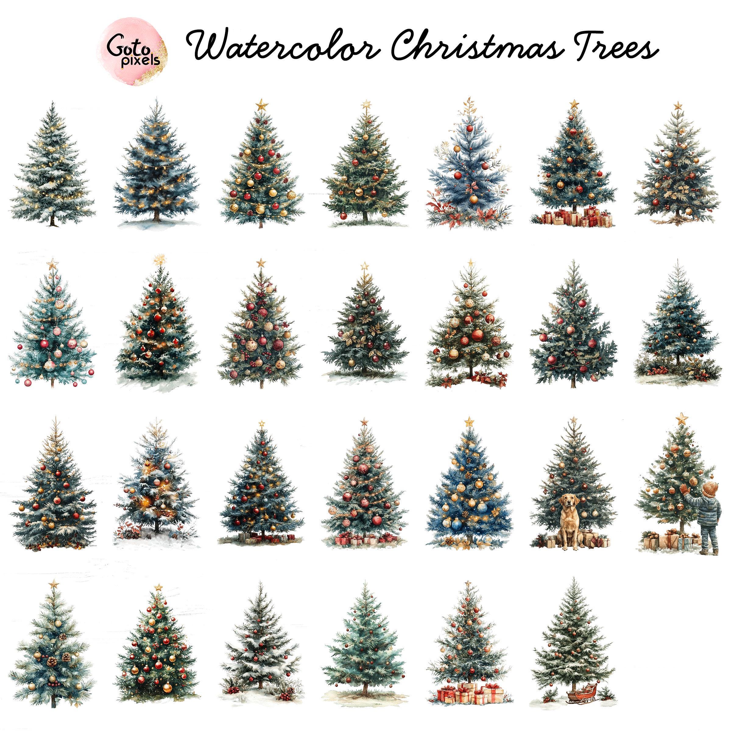 Watercolor Christmas Tree Clipart, Vintage Christmas Tree Clip Art ...