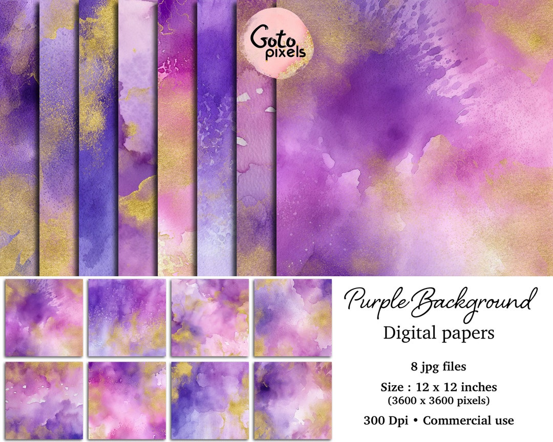 Purple Gold Glitter Watercolor Digital Papers, Purple Texture Digital ...