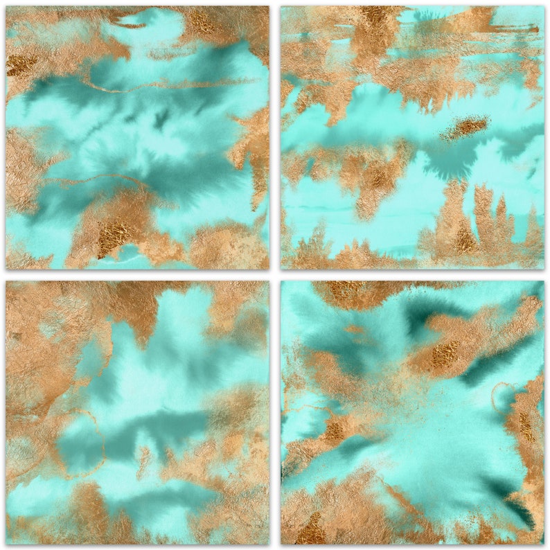 Aqua Digital Papers With Gold Foil Watercolor Digital Paper - Etsy