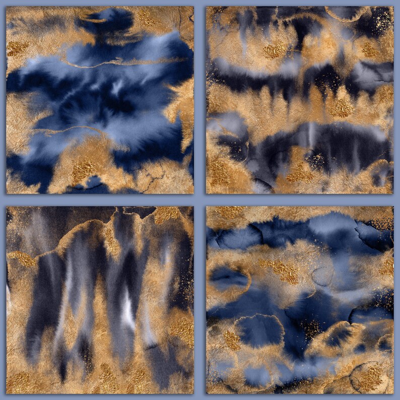 Navy Blue Digital Papers With Gold Foil Watercolor Digital - Etsy