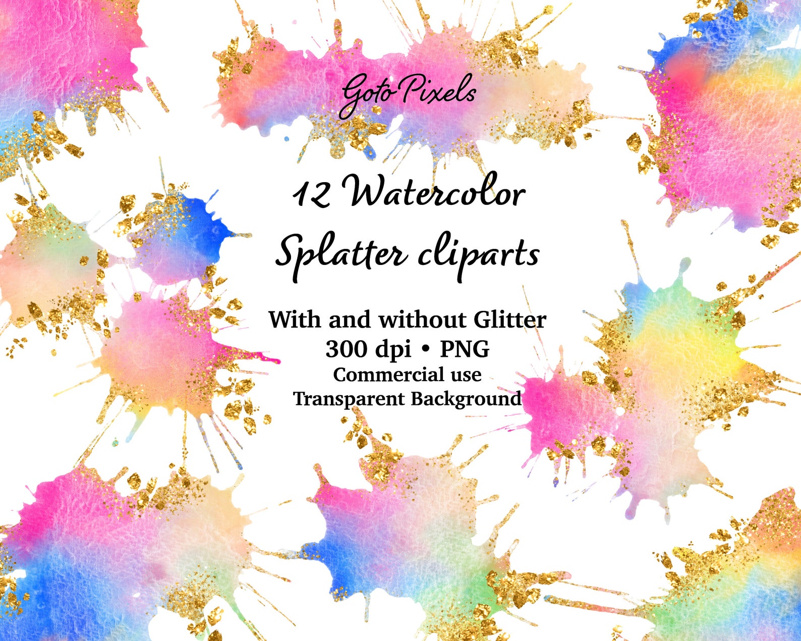 Rainbow Watercolor Splatter Clipart Splashes and Splotches | Etsy