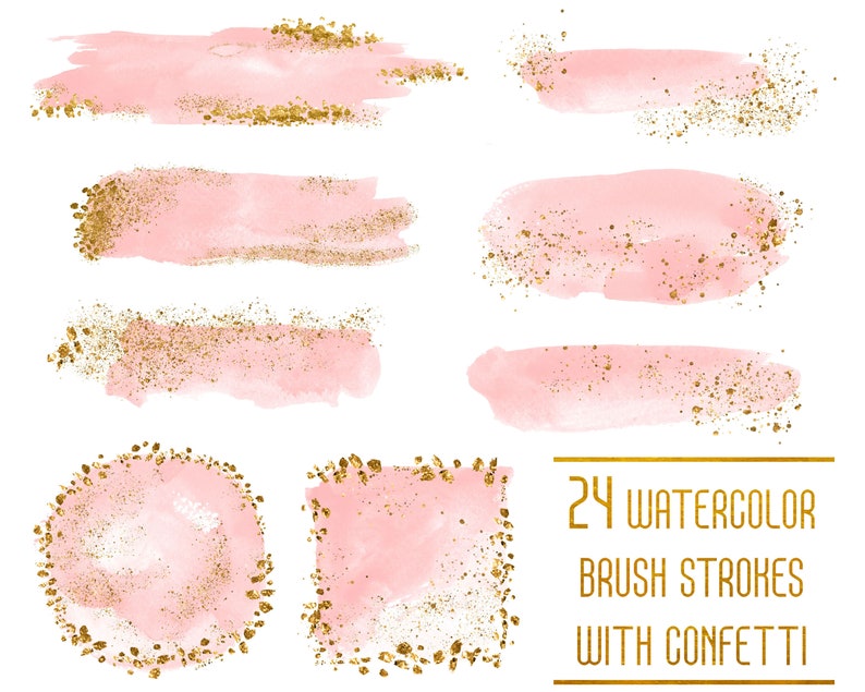 Pink Watercolor Brush Strokes Gold Confetti Gold Design - Etsy