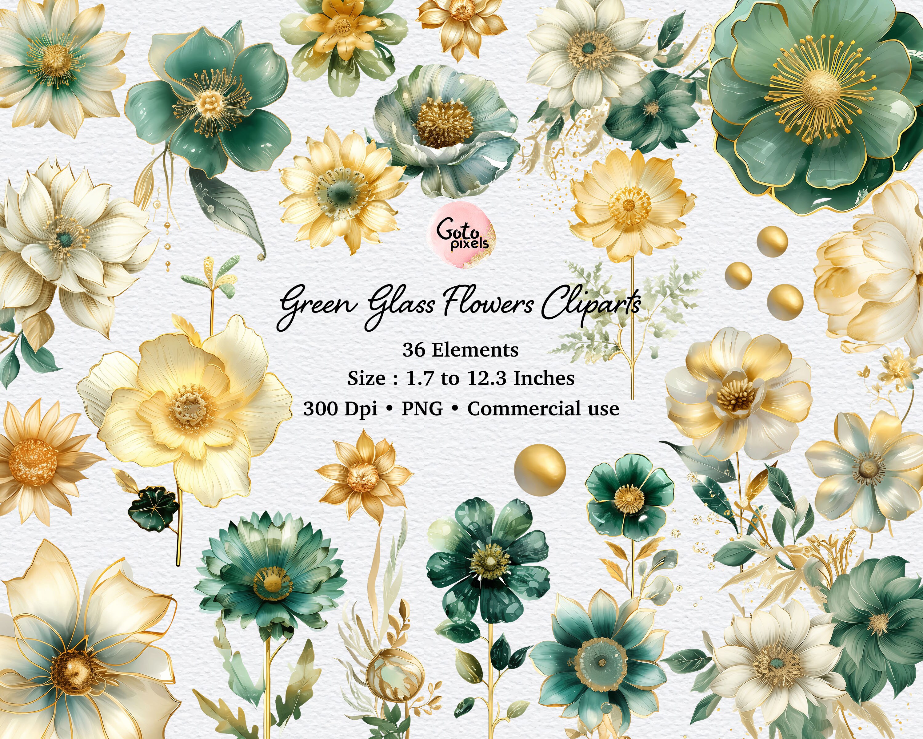 Green & Gold Flower Clip Art: Glass PNG Embellishments (digital ...