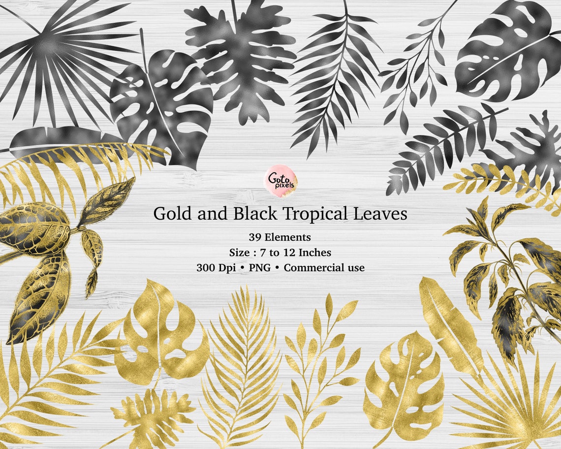 Black and Gold Tropical Leaves Clipart Gold Foil Tropical - Etsy