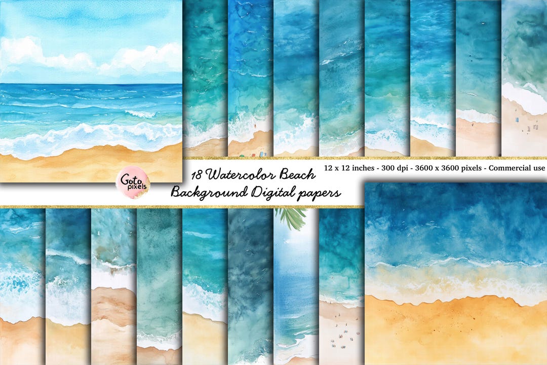 Watercolor Beach Digital Paper, Printable Summer Background, Watercolor ...