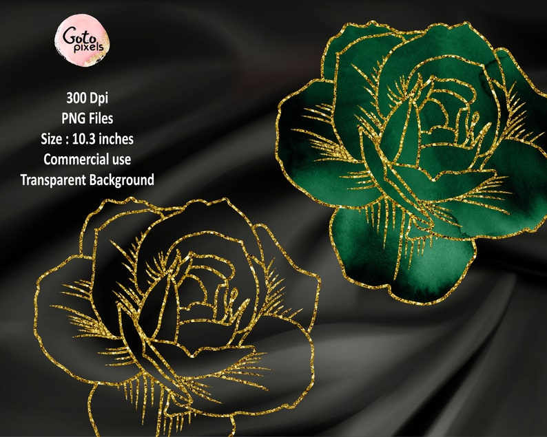 Emerald Watercolor and Gold Glam Rose Clip Art Digital - Etsy