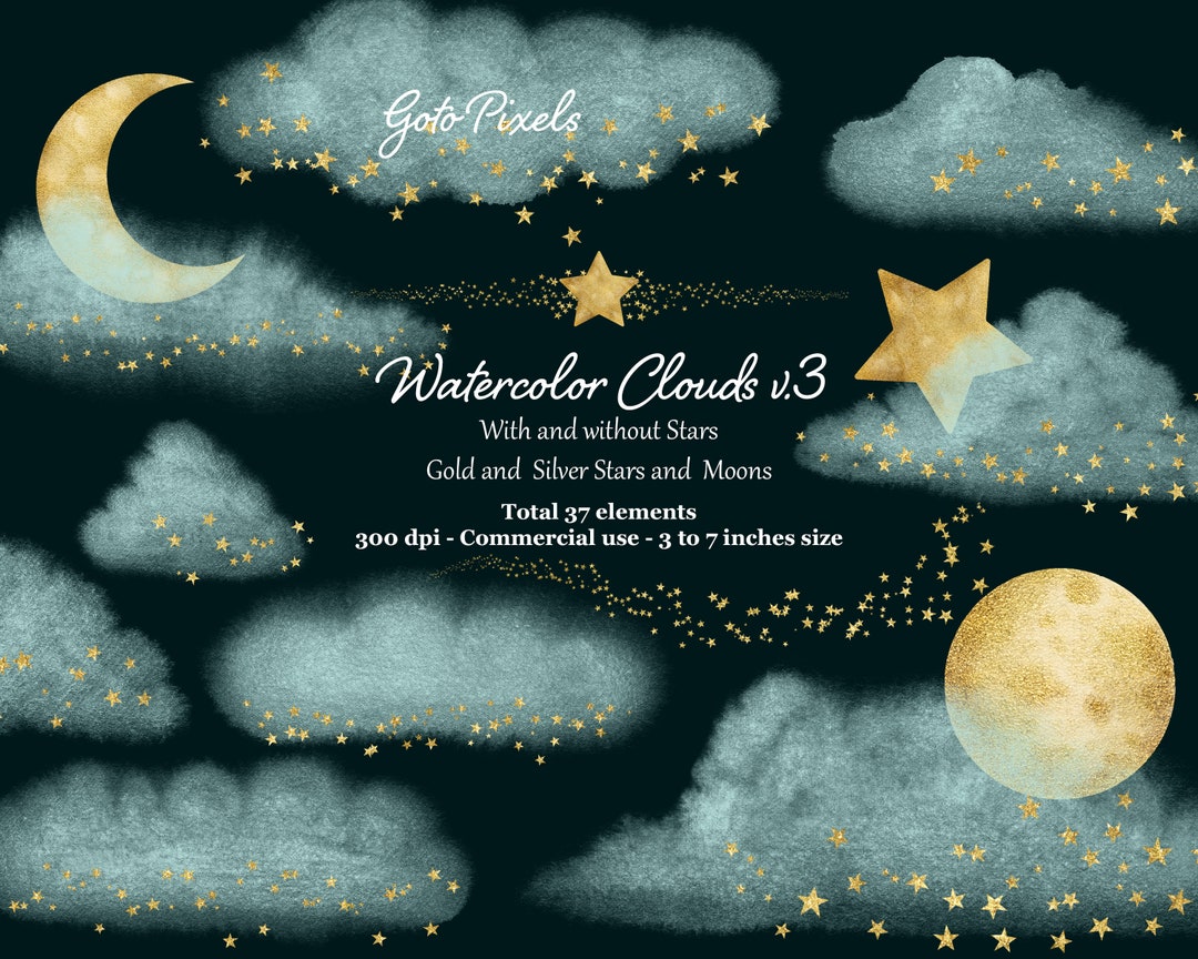 Aqua Blue Watercolor Clouds Clipart With Gold Stars, Glitter Clouds ...
