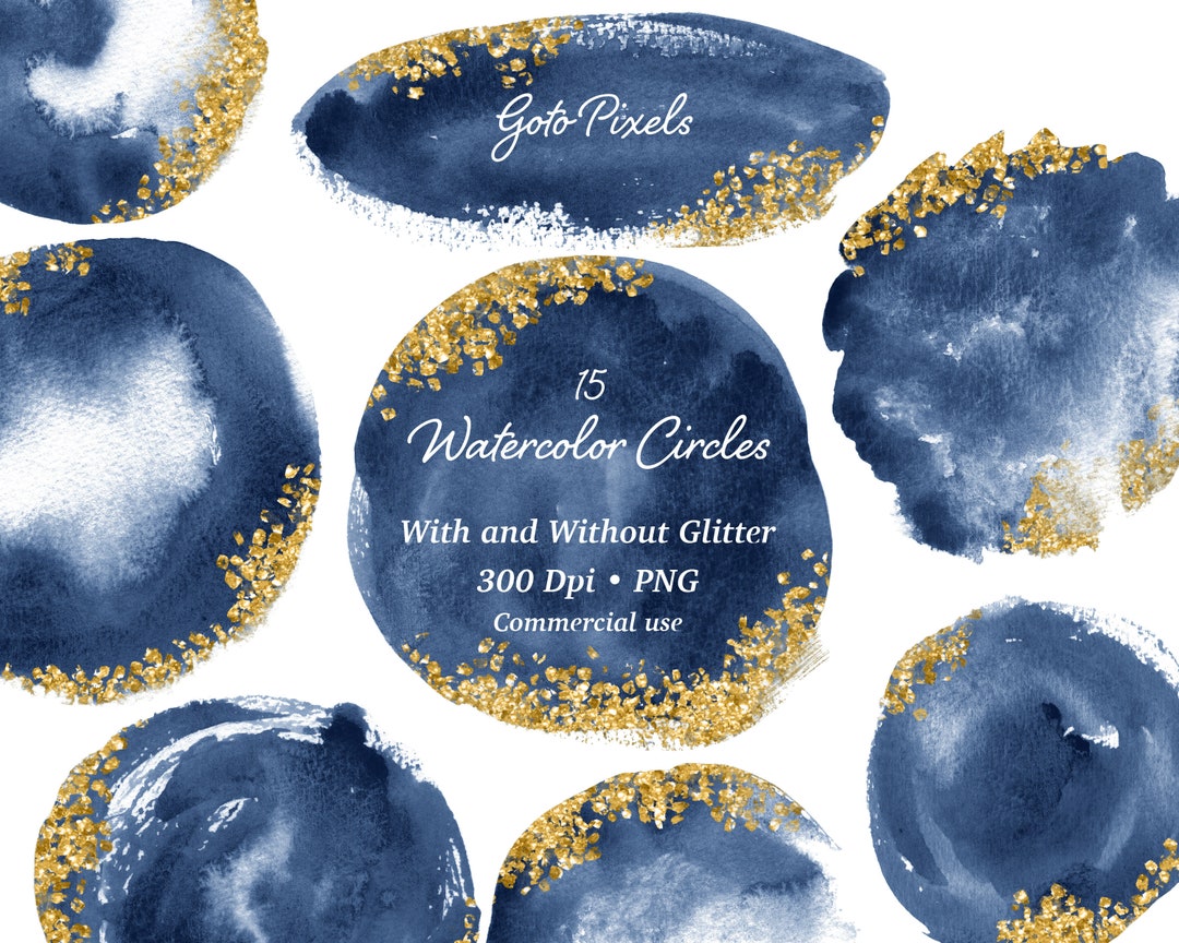 Navy Blue Watercolor Circles Clipart: Gold Glitter Design Elements (PNG ...