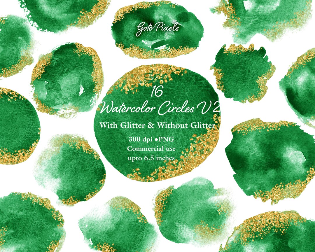 Emerald Green Watercolor Circles With Gold Glitter, Watercolor Circles ...