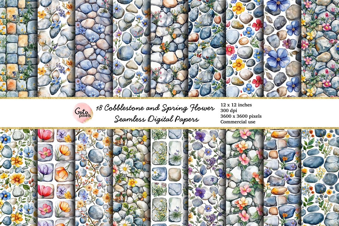 Cobblestone & Spring Floral Digital Paper: Seamless Textures (digital ...
