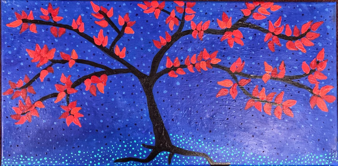 Red Leaves St Night; Original Expressionist Acrylic Artwork Handpainted ...