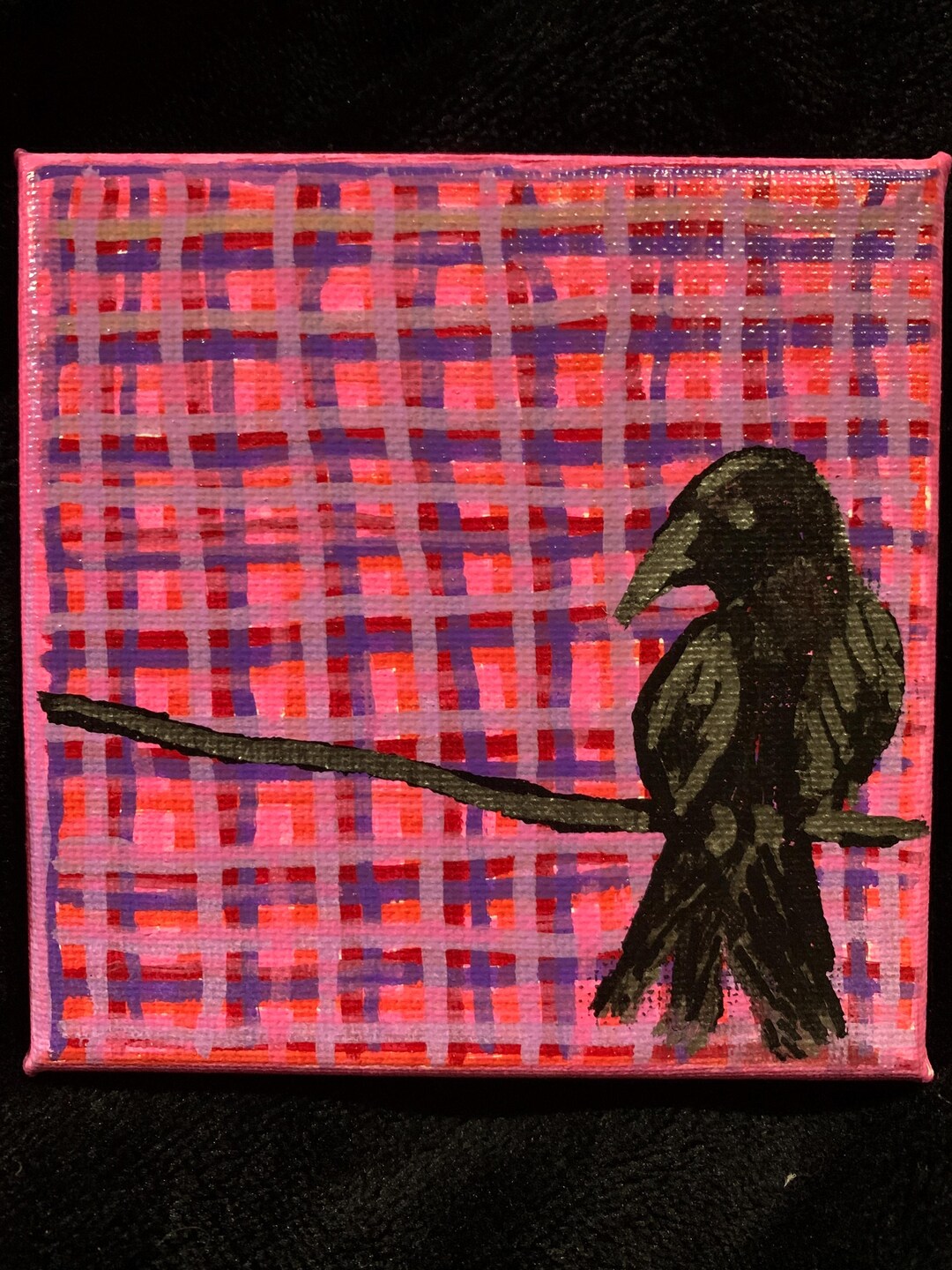 Bird on a Wire; Black Crow; Small Original Acrylic Art; Handpainted by ...