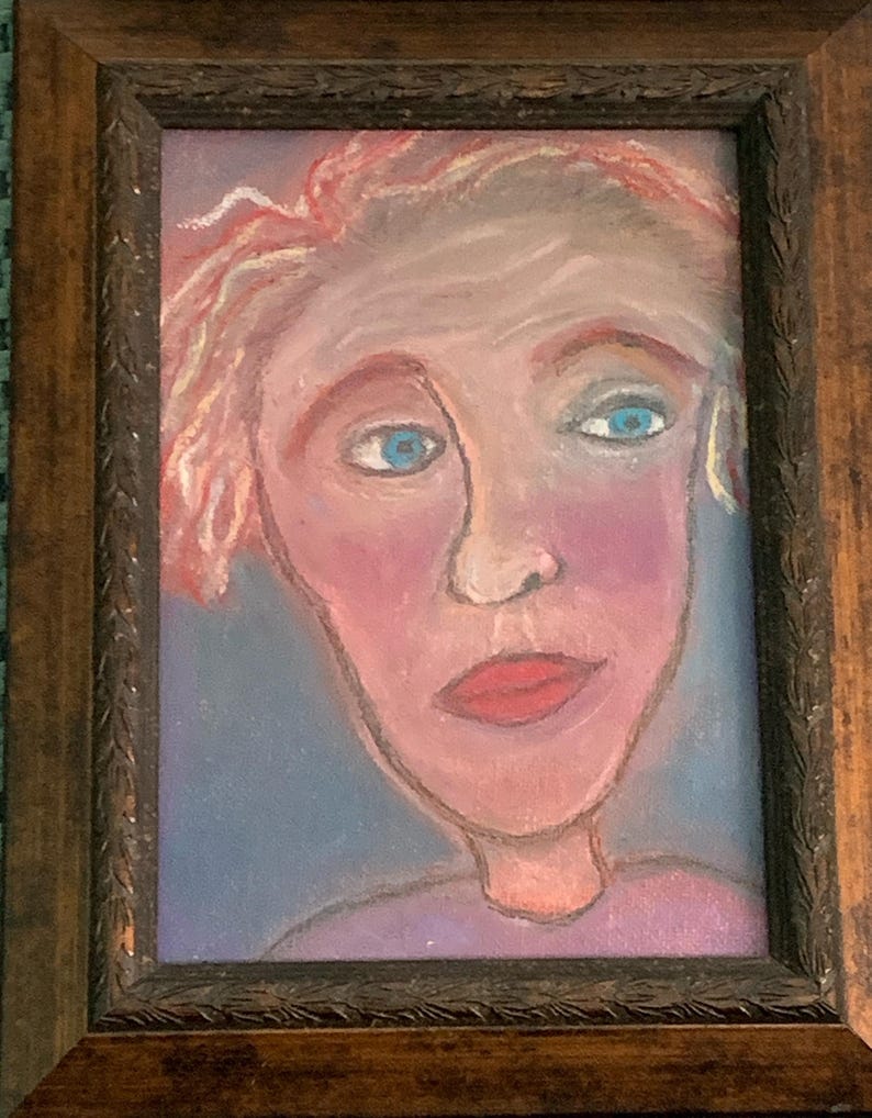 Moody Self Portrait; Small Original Wall or Desk Art; Oil Pastel ...