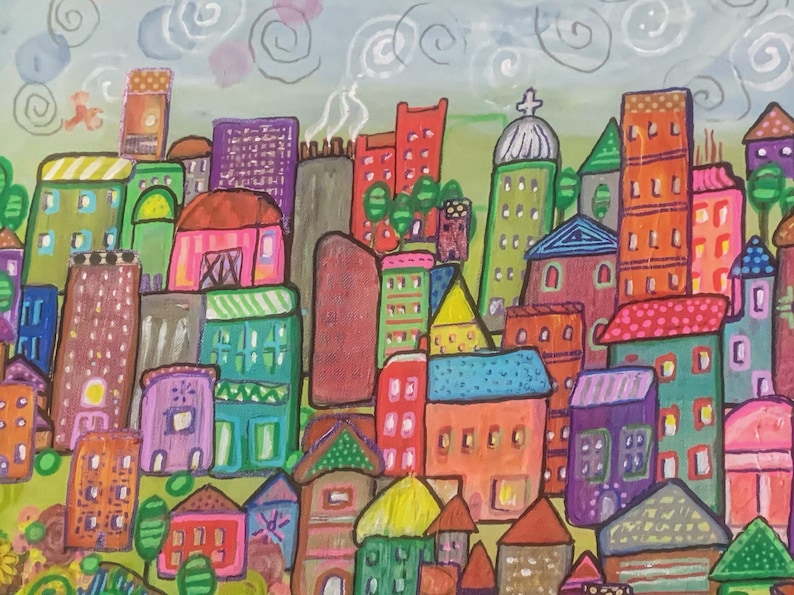 City of Dreams — Original Acrylic Folk Art Cityscape on Canvas ...