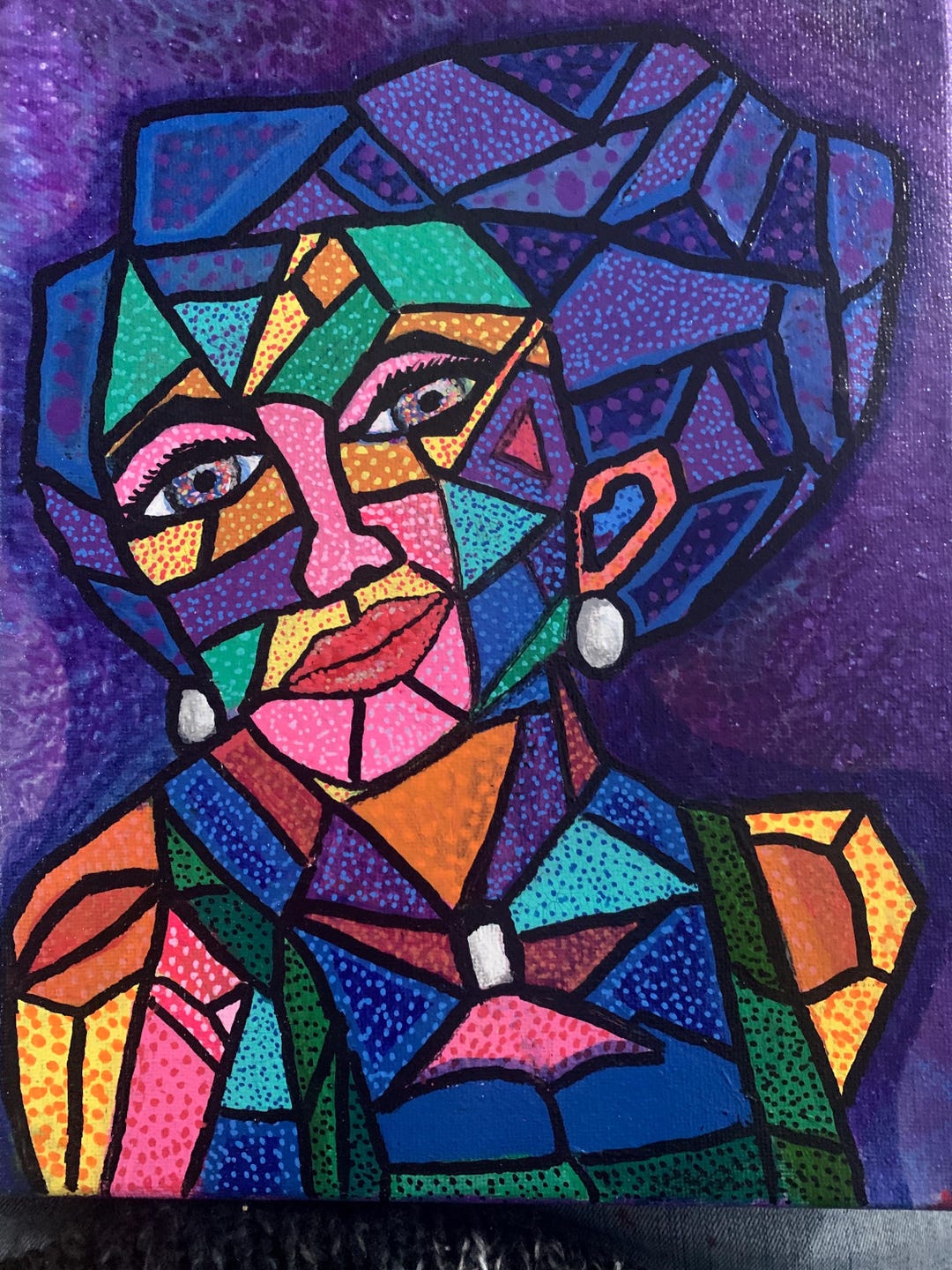 1940s Glamour Queen; Original Cubist Dramatic Portrait; Pearl Earrings ...