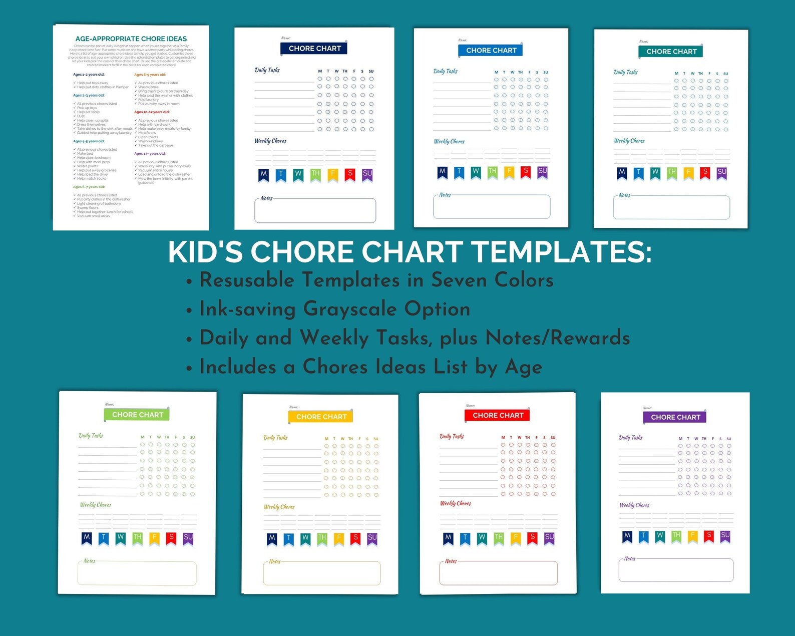 Kids Chore Charts Printable INSTANT DOWNLOAD Kid's - Etsy