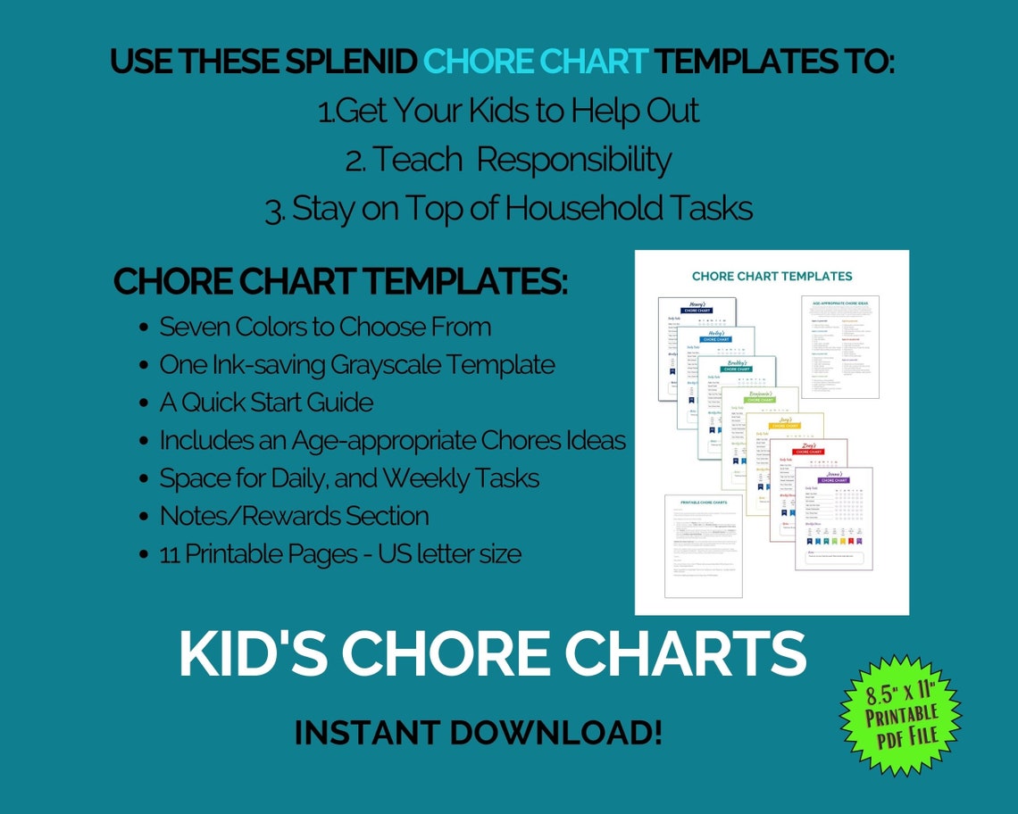 Kids Chore Charts Printable INSTANT DOWNLOAD Kid's - Etsy