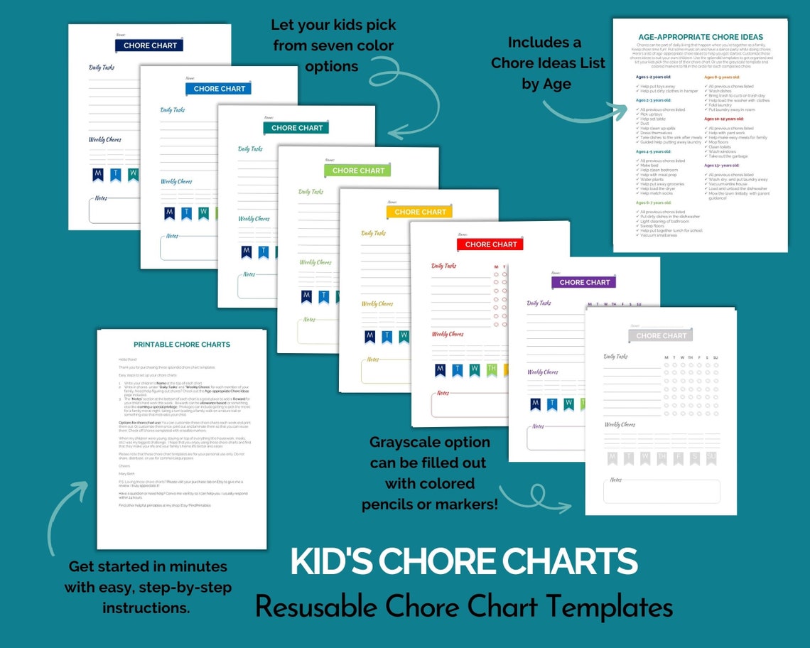 Kids Chore Charts Printable INSTANT DOWNLOAD Kid's - Etsy