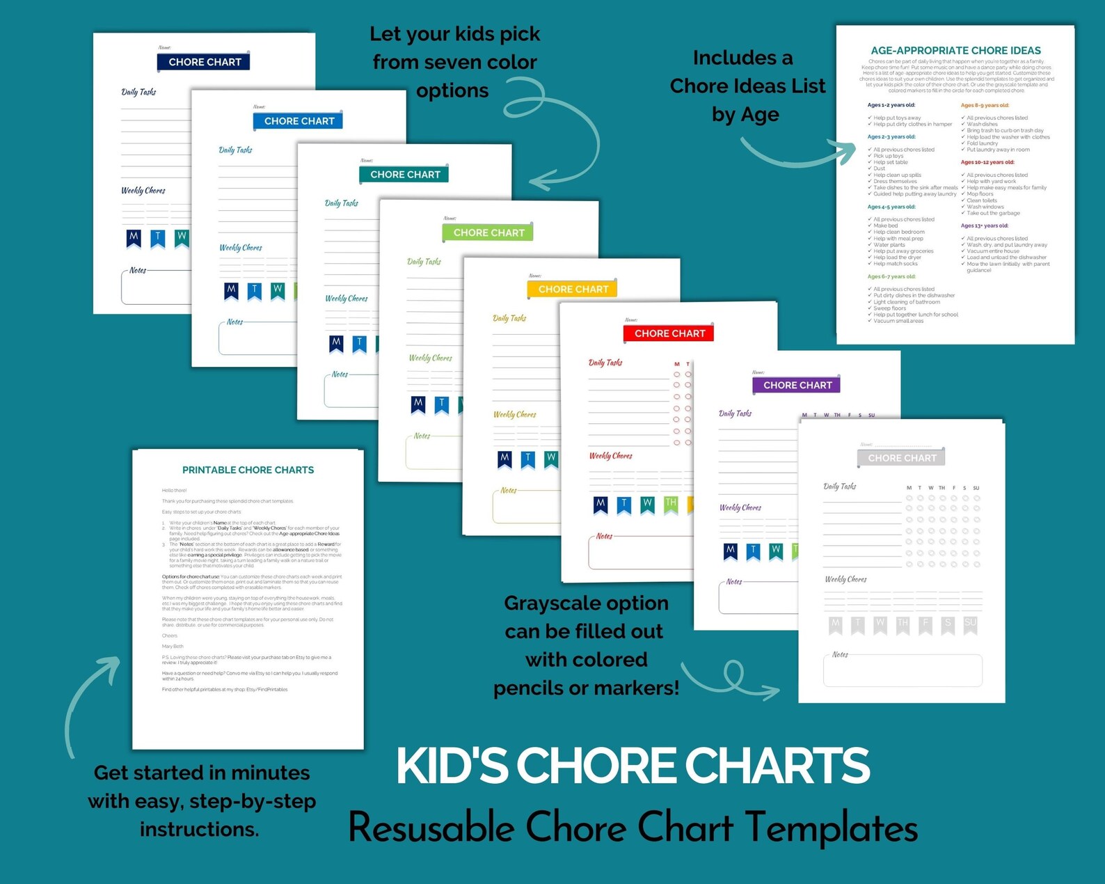 Kids Chore Charts Printable INSTANT DOWNLOAD Kid's - Etsy