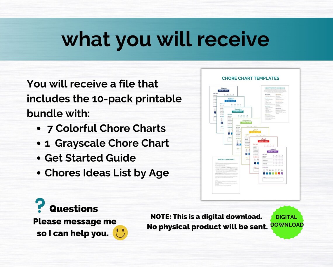 Kids Chore Charts Printable INSTANT DOWNLOAD Kid's Responsibility Chart ...