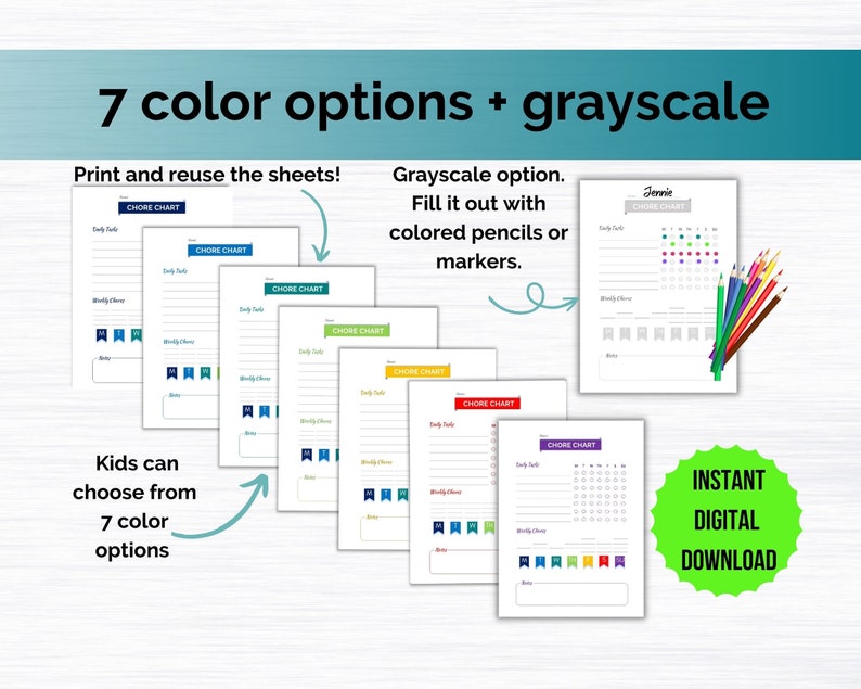 Kids Chore Charts Printable | INSTANT DOWNLOAD | Kid's Responsibility ...