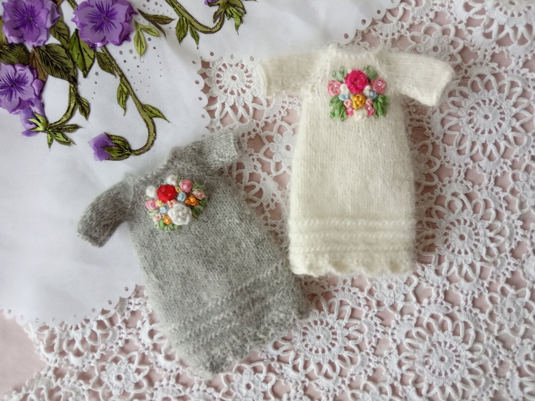 Blythe Doll Clothes Cute Angora Mini Dress With Embroidered Flowers for ...