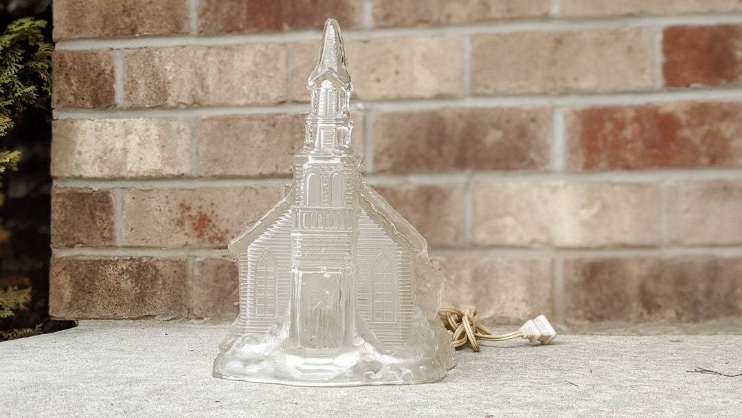 Vintage 90s- Glass Church Light- Christmas Village- Window- Decor- Xmas ...