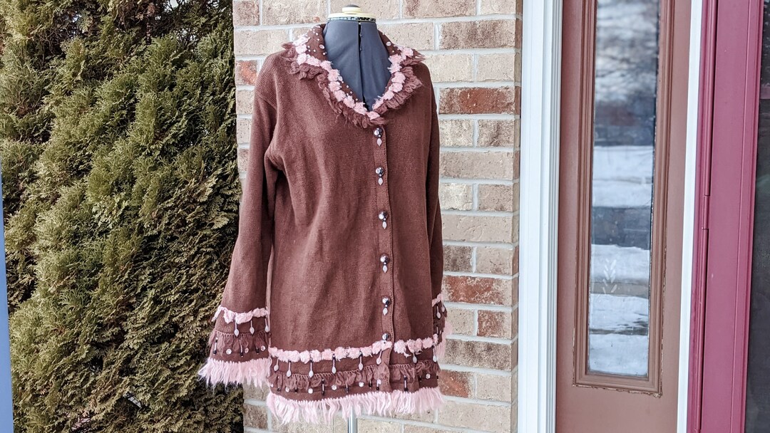 Vintage 2000s- Y2k- Brown Sweater Duster- Jacket- Beaded- Pink- Boho ...