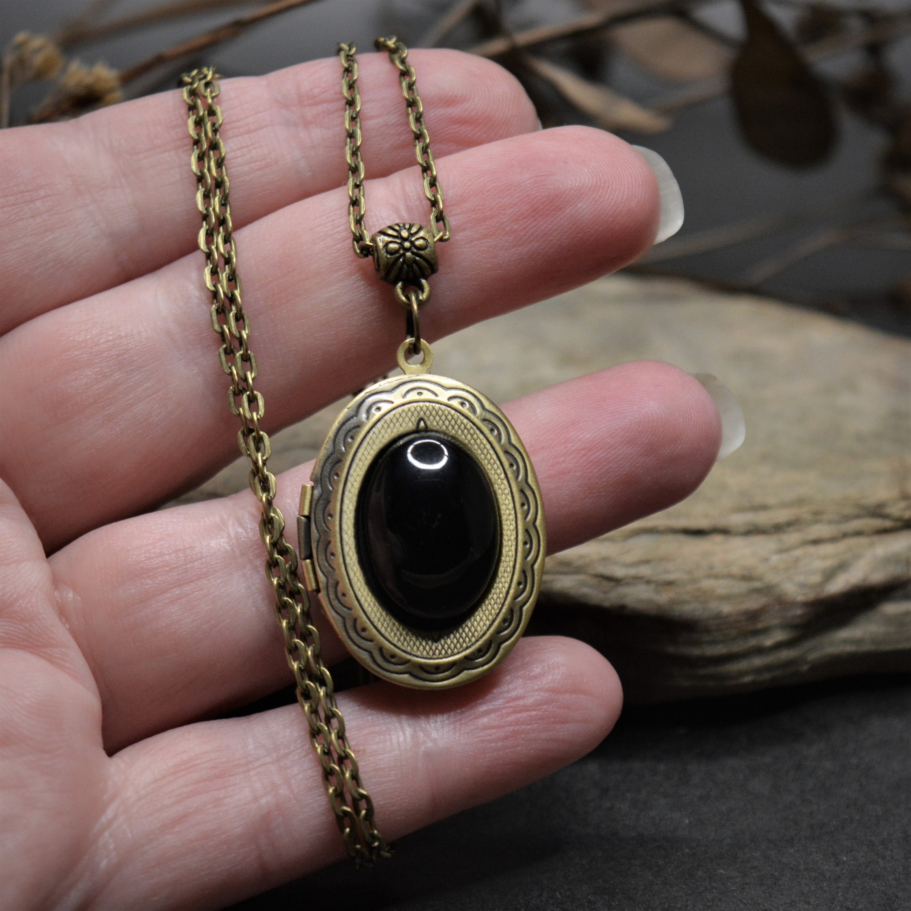 Black onyx locket necklace Dark gemstone medallion Bronze | Etsy
