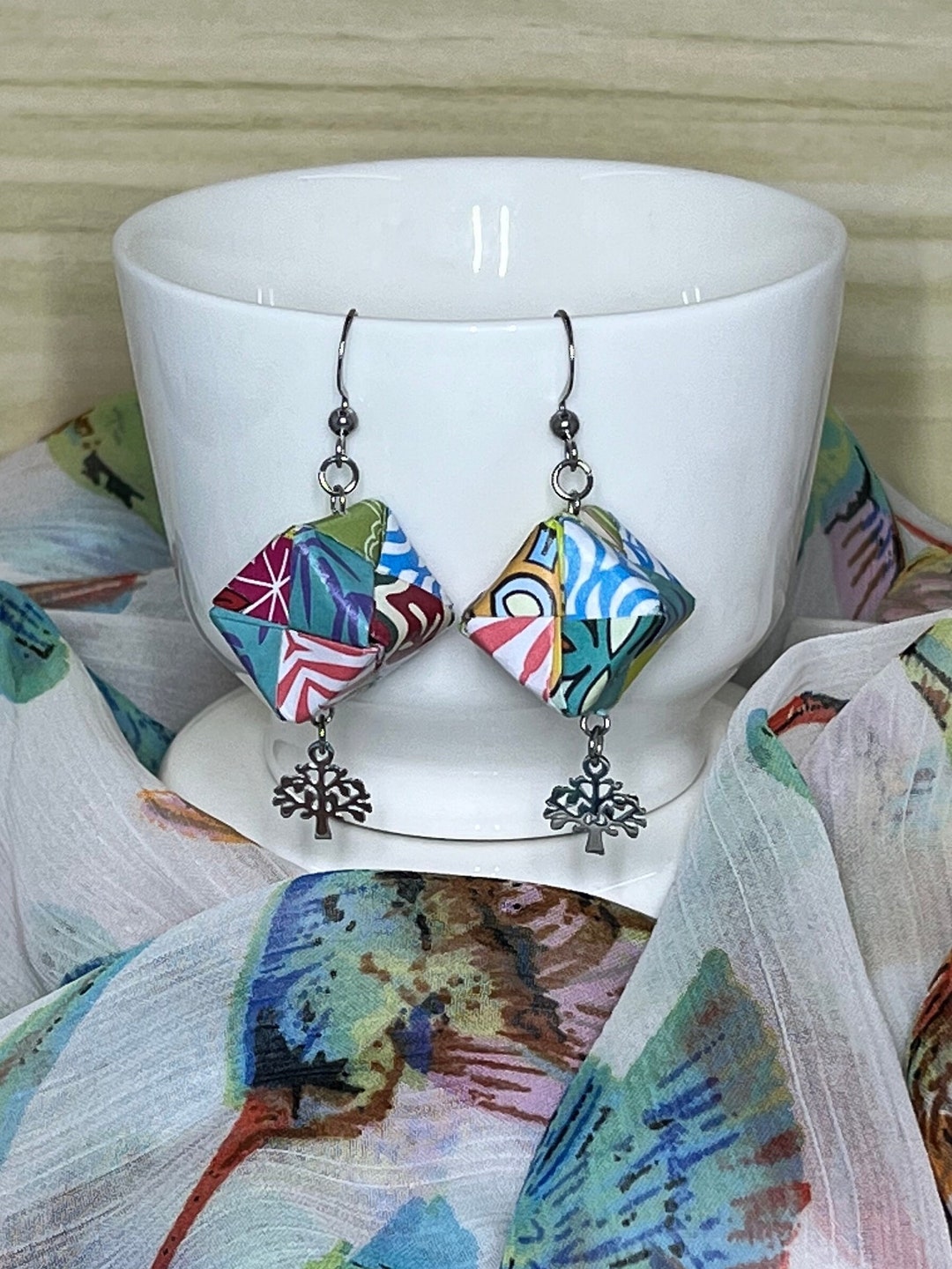 Origami Color Cube W/ Tree of Life Charm Earrings - Etsy