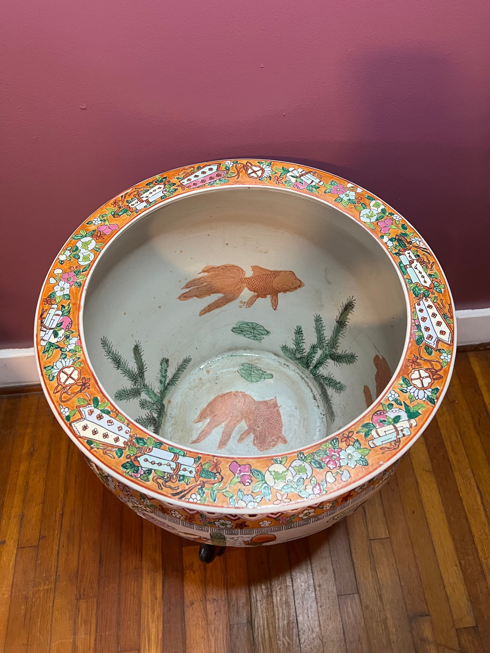 Large Porcelain Chinese Fishbowl Planter With Classic Oriental ...