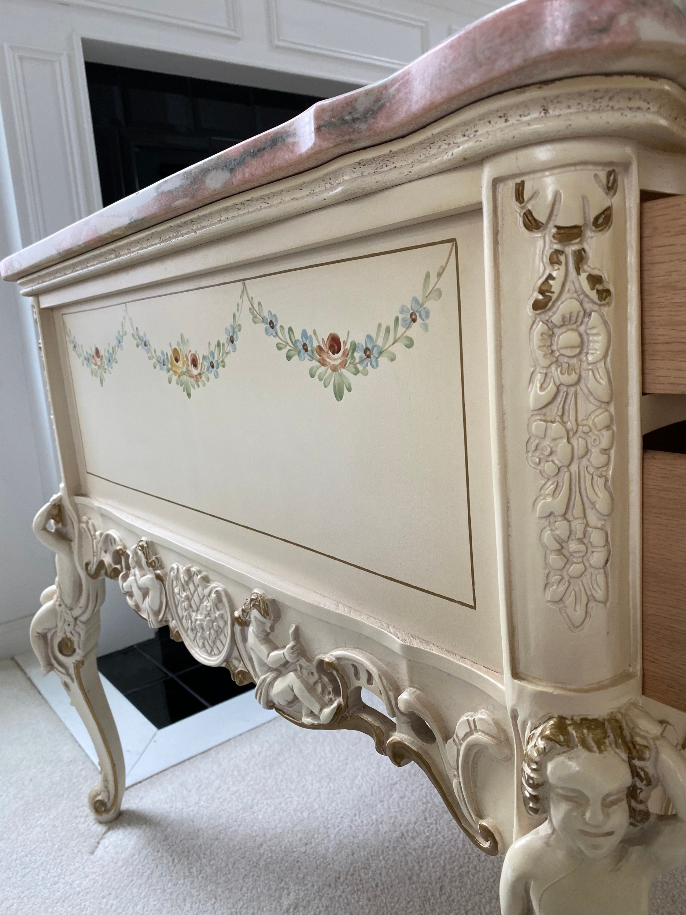 Mid 20th Century French Carved Pink Marble Cherub Coffee Table and Two ...