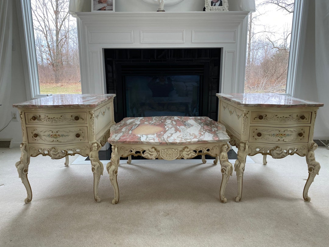 Mid 20th Century French Carved Pink Marble Cherub Coffee Table and Two ...
