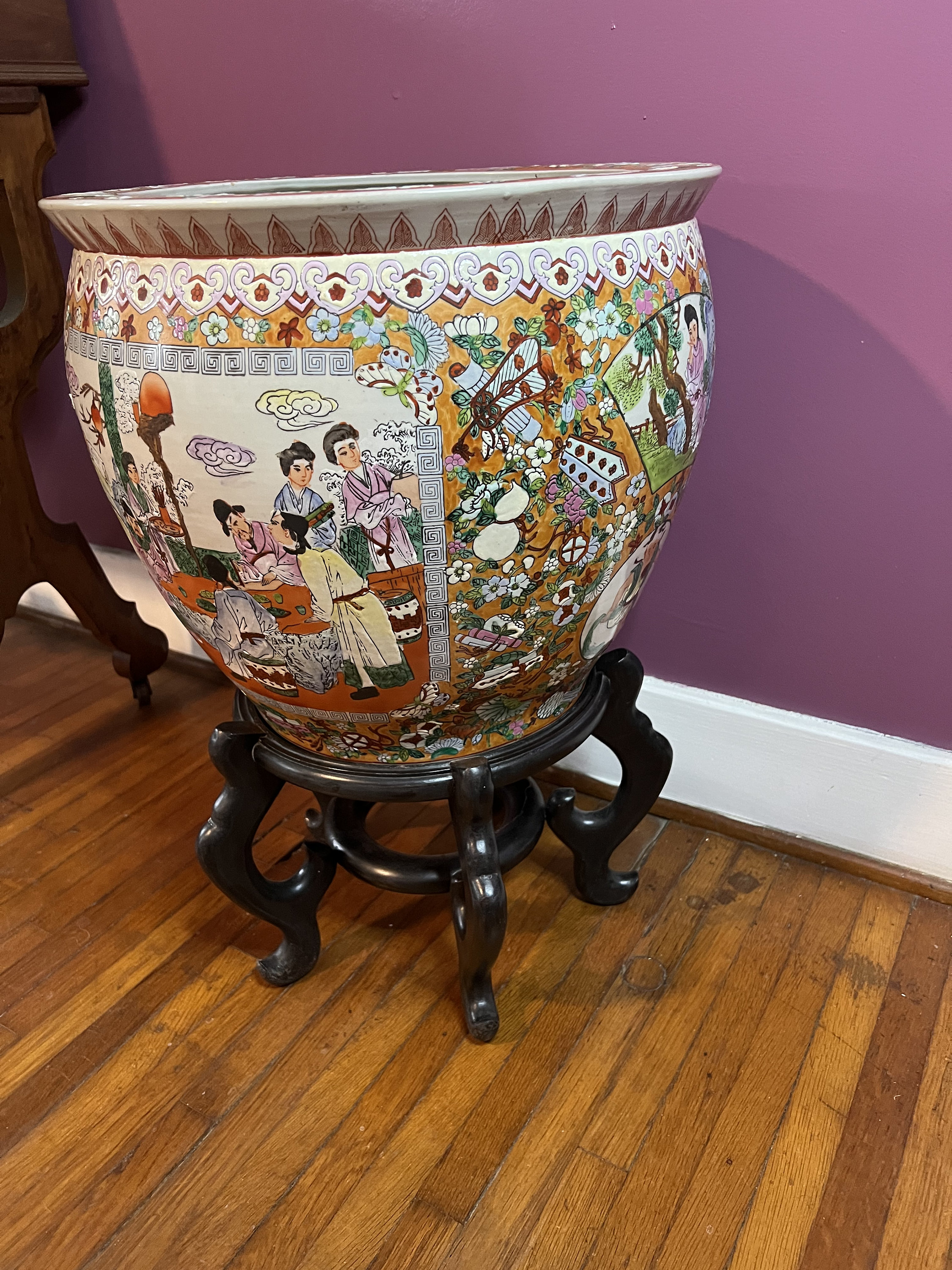 Large Porcelain Chinese Fishbowl Planter With Classic Oriental ...