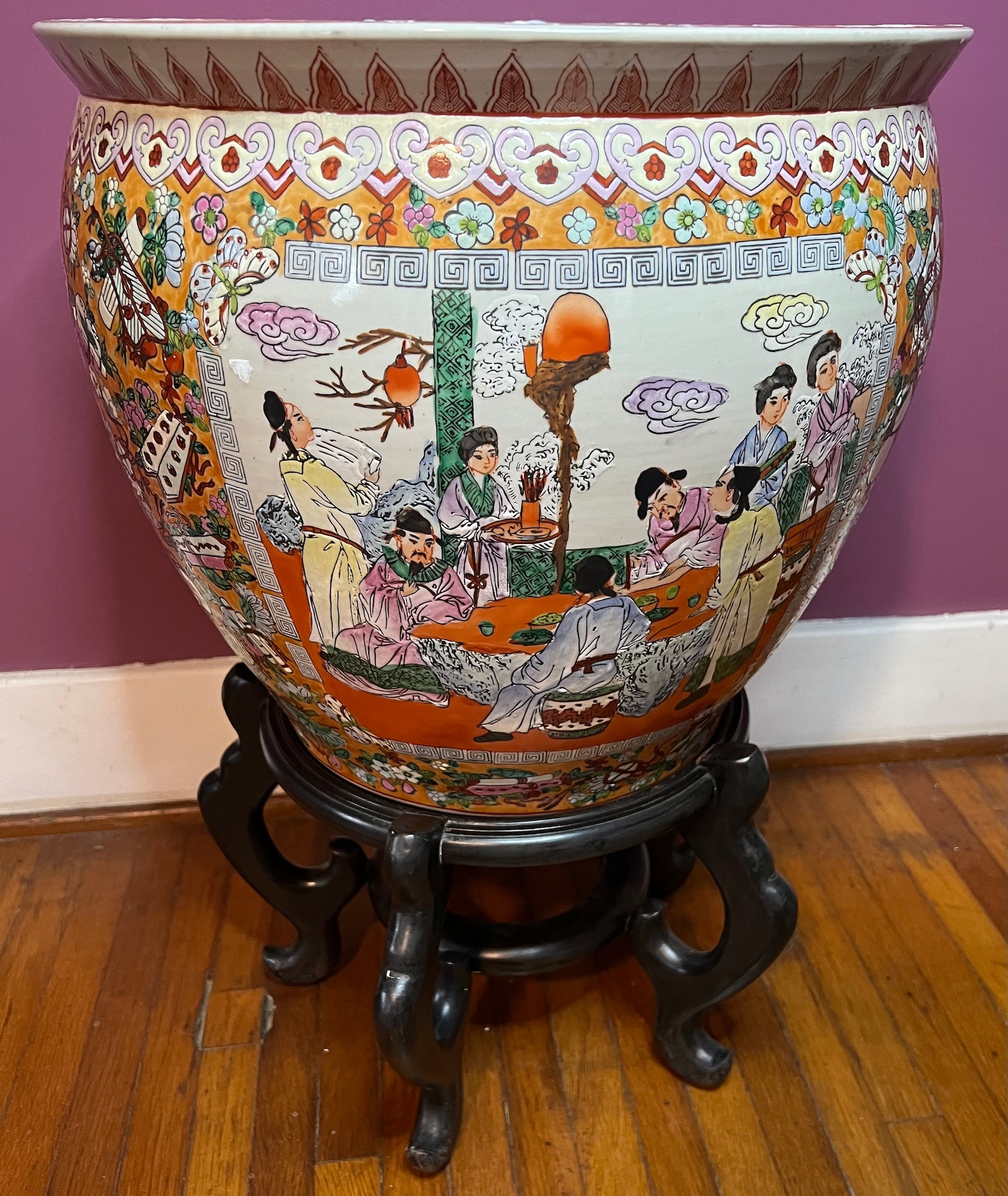 Large Porcelain Chinese Fishbowl Planter With Classic Oriental ...