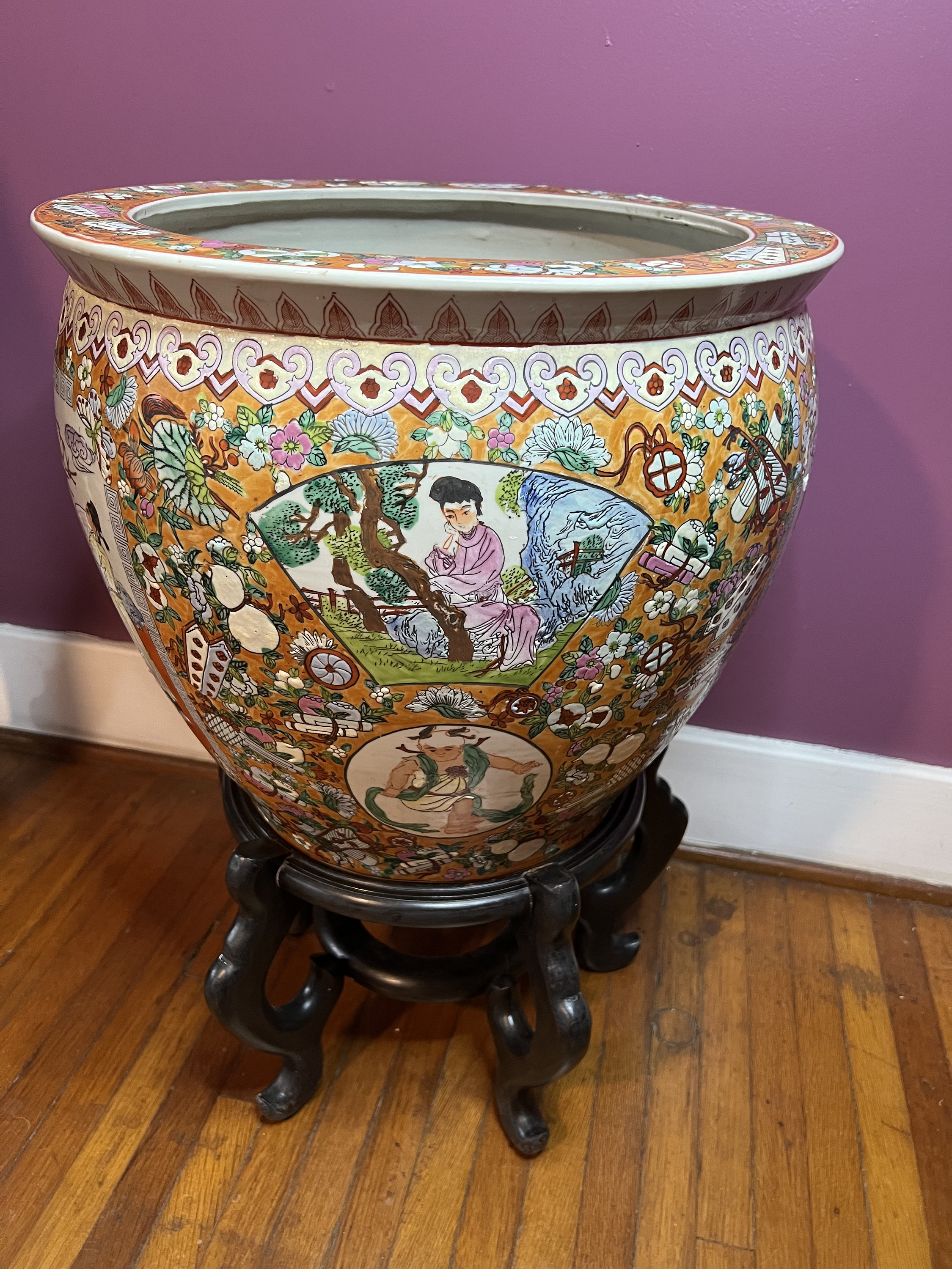 Large Porcelain Chinese Fishbowl Planter With Classic Oriental ...