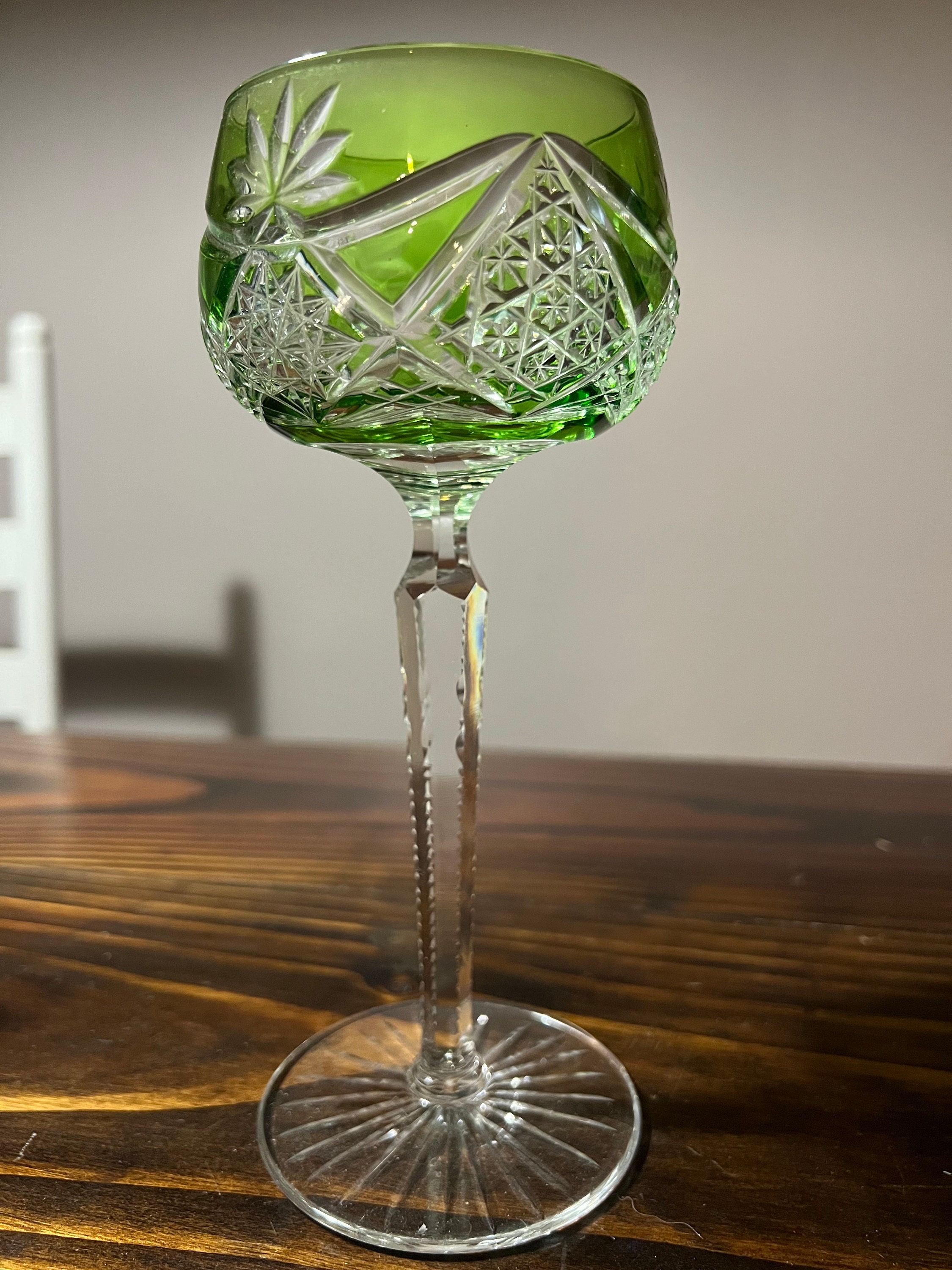 Vintage Val St Lambert Green Cut to Clear Crystal Hock Wine Glasses ...