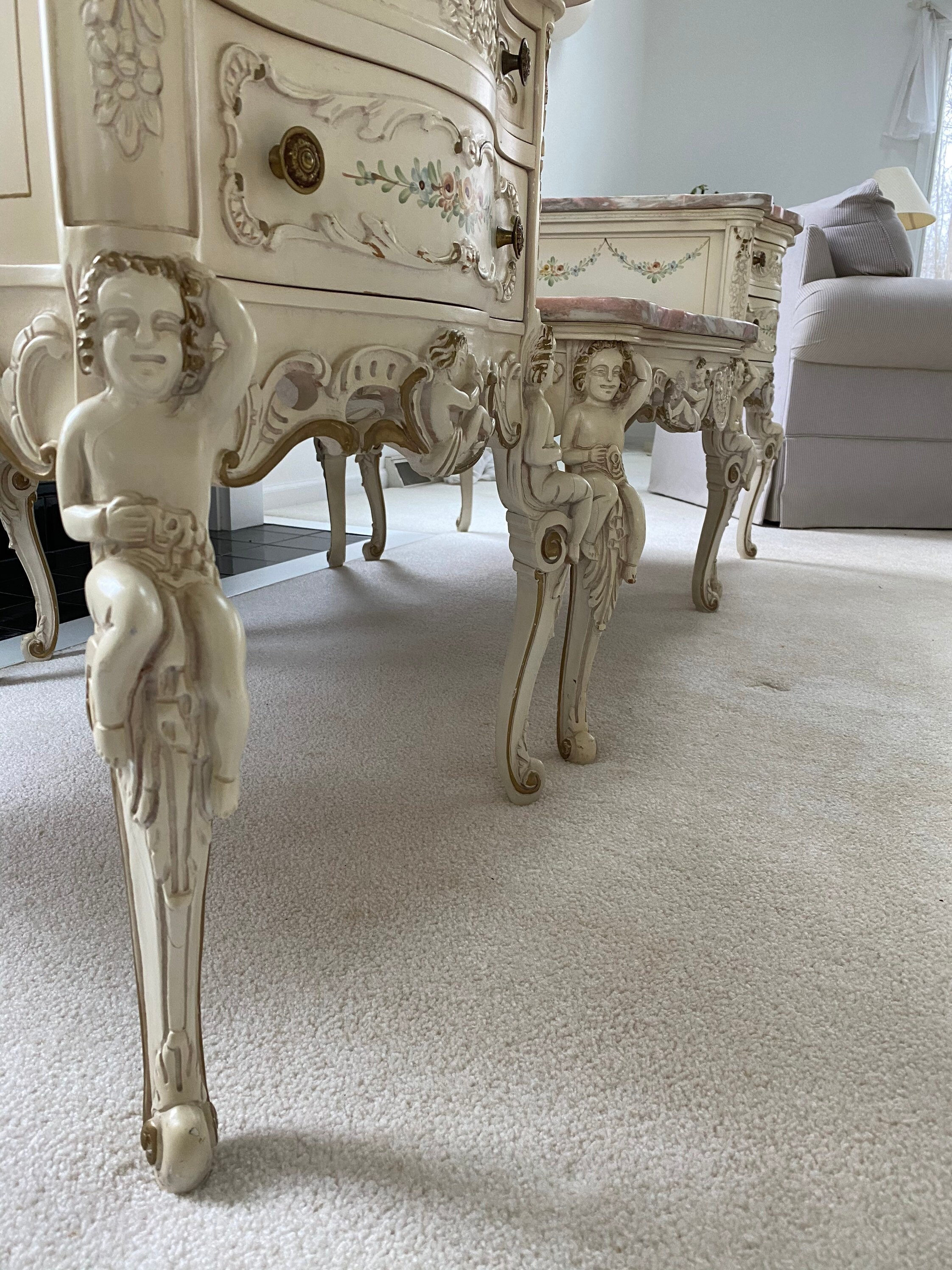 Mid 20th Century French Carved Pink Marble Cherub Coffee Table and Two ...