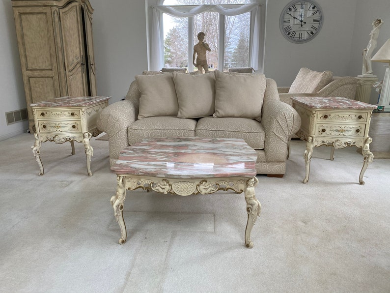 Mid 20th Century French Carved Pink Marble Cherub Coffee Table and Two ...