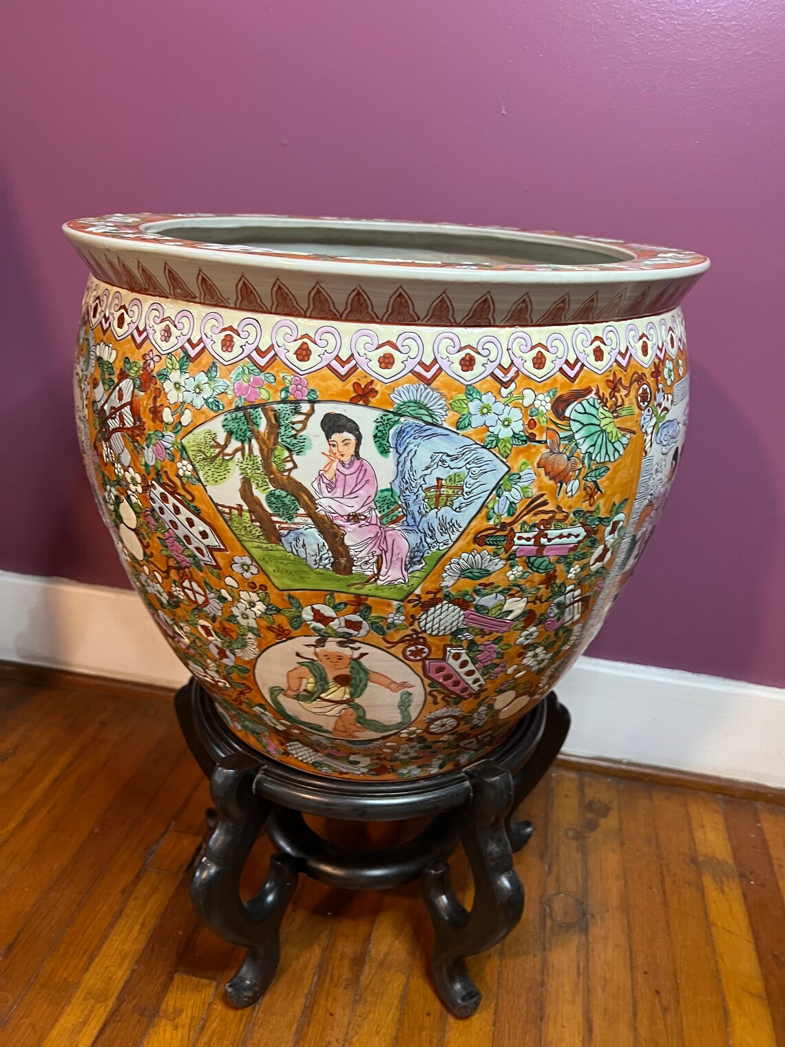 Large Porcelain Chinese Fishbowl Planter With Classic Oriental ...