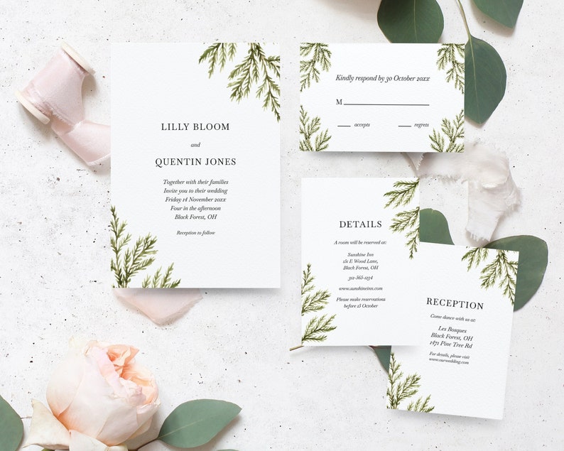 Pine Branch Wedding Invitation Set Printable Wedding - Etsy