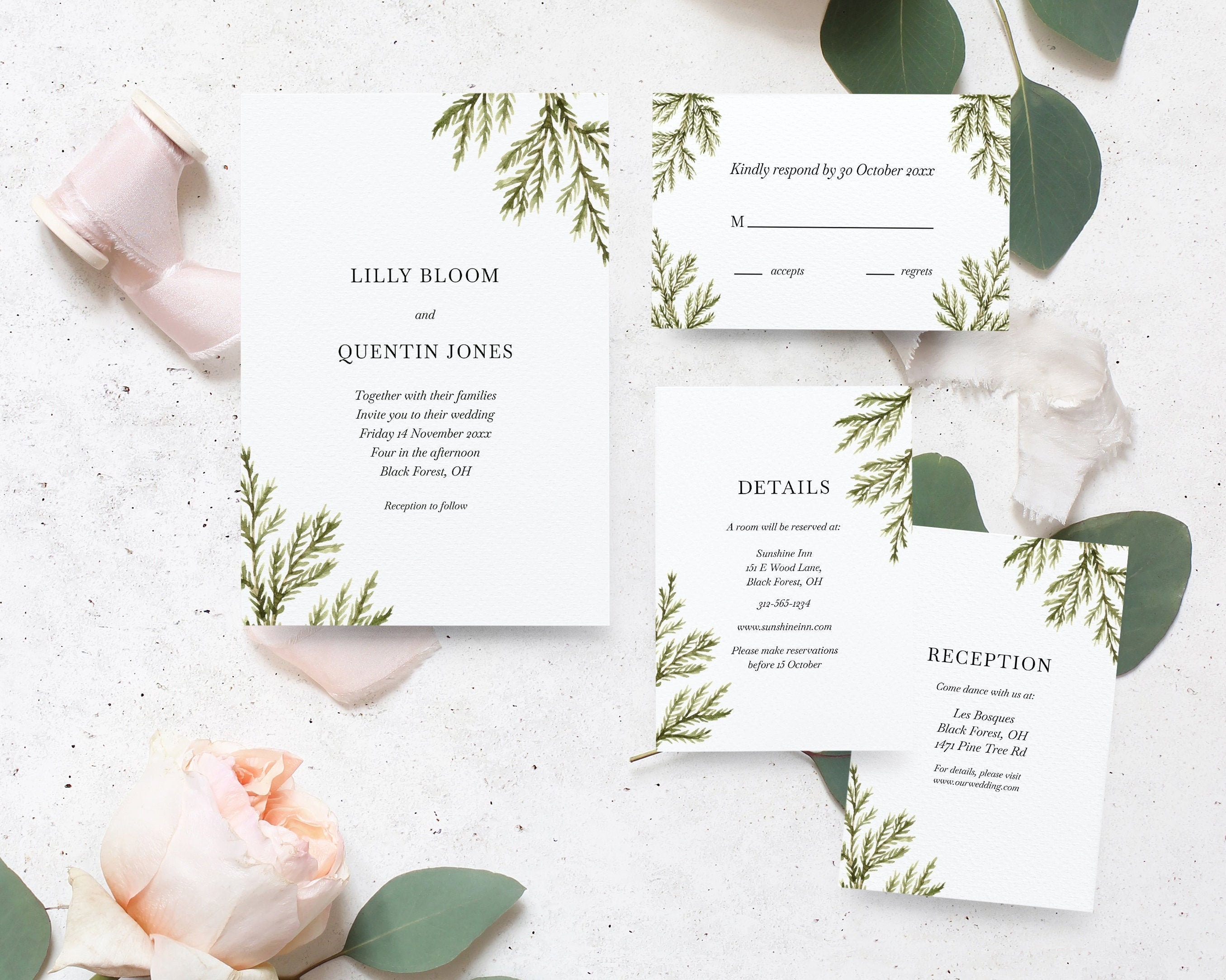 Pine Branch Wedding Invitation Set, Printable Wedding Invitation Suite ...